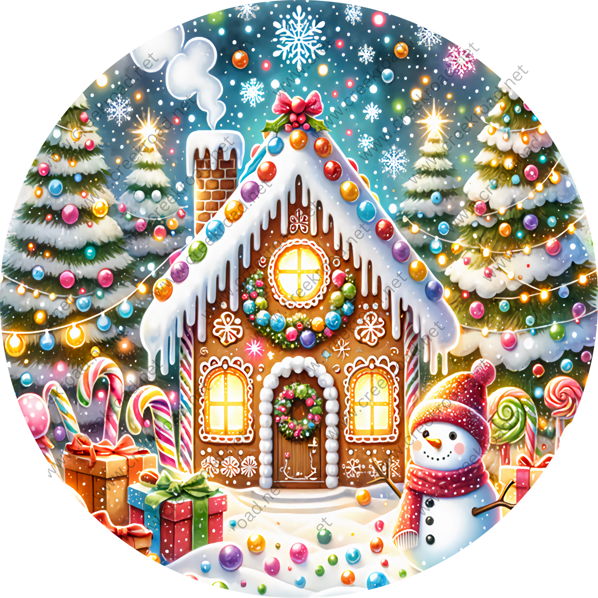 Colorful Gingerbread House Trees Presents in the Snow Sublimated Wreath ...